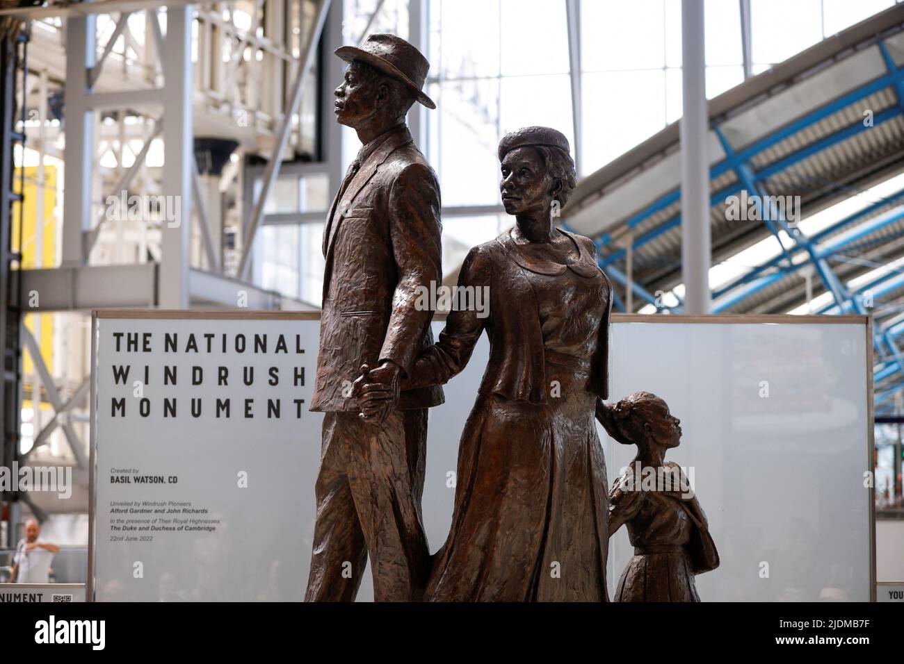 The National Windrush Monument at Waterloo Station. The statue - of a ...