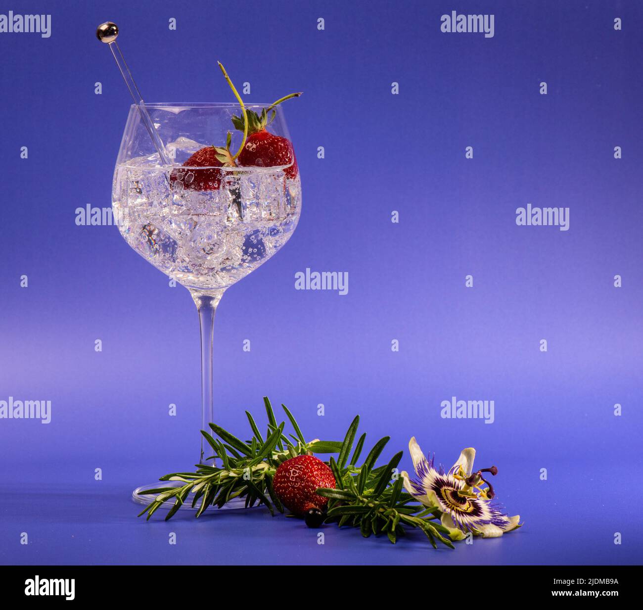Gin glass with ice gudes and strawberry, purple background Stock Photo ...