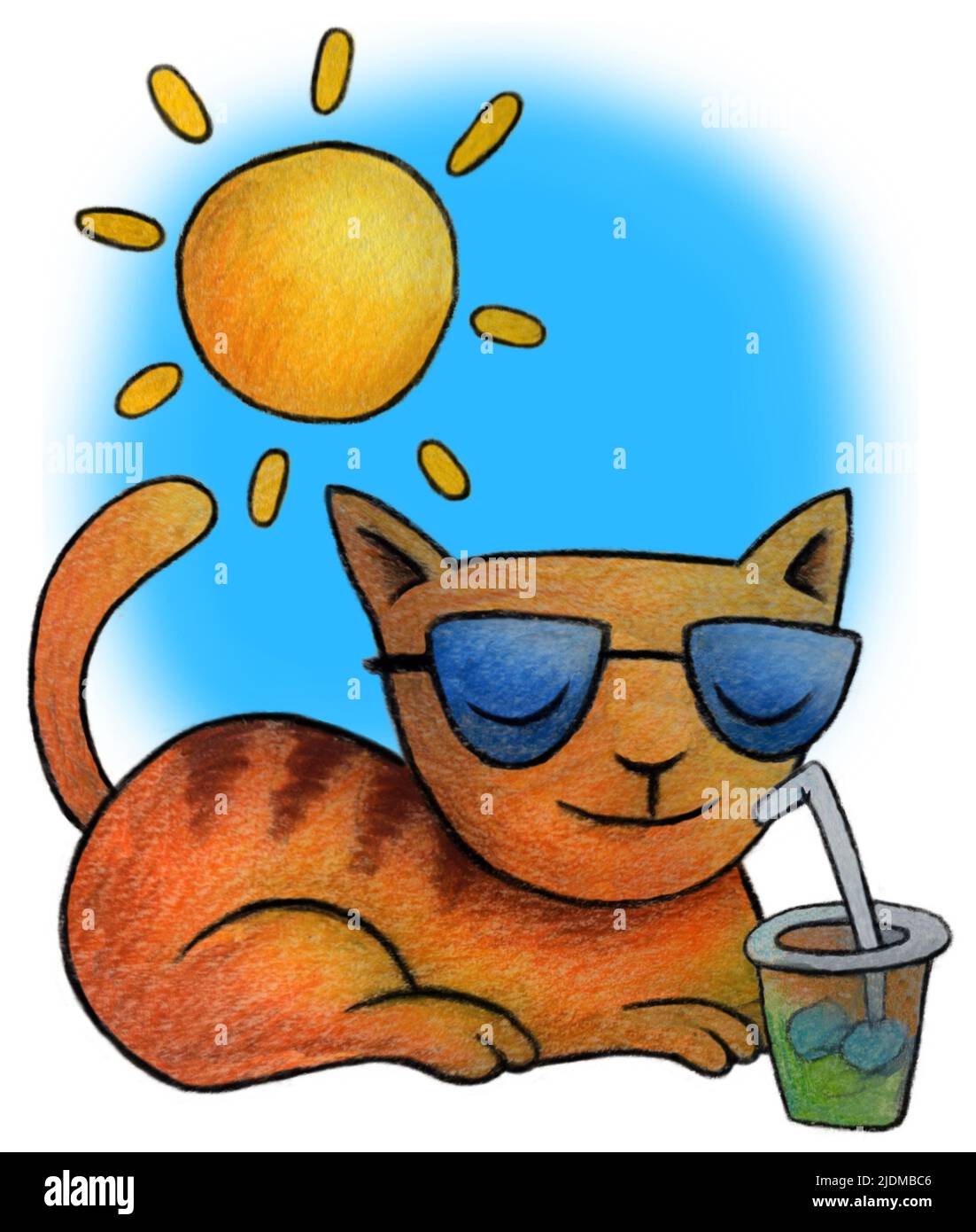 Nice cat enjoying the summer. Illustration made with colored pencils of ...