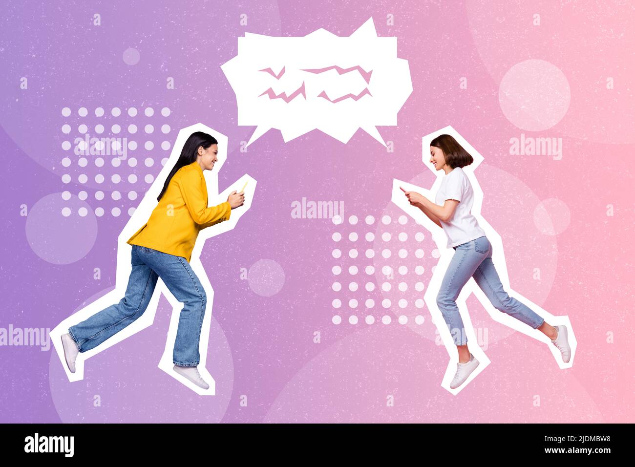 Collage drawing picture of two people running hold use telephone ...