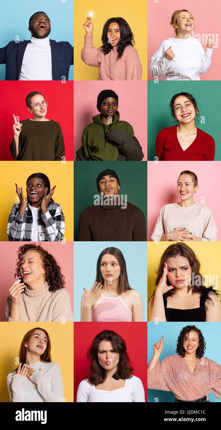 Collage of portraits of expressive male and female models, multiethnic ...