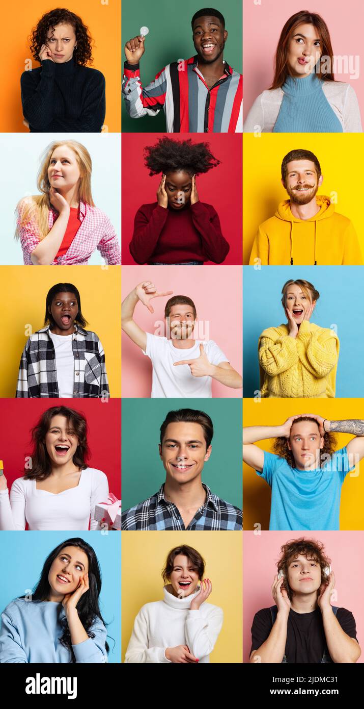 Collage of portraits of expressive male and female models, multiethnic ...