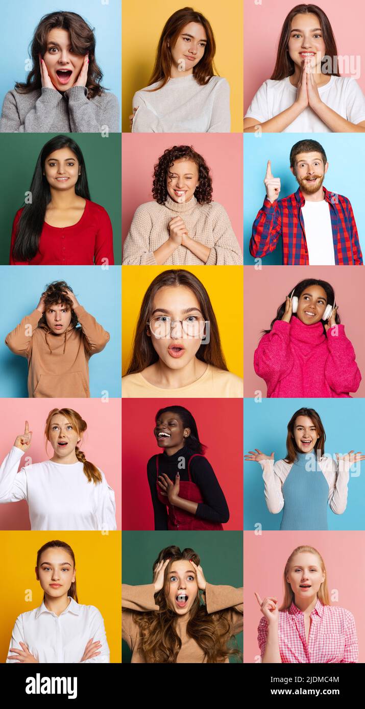 Collage of portraits of expressive male and female models, multiethnic ...