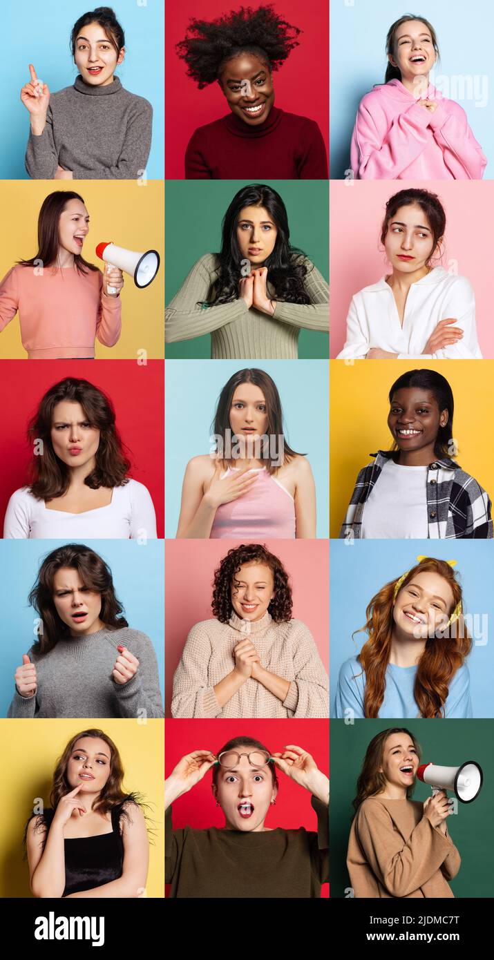 Vertical set of portraits of expressive male and female models ...