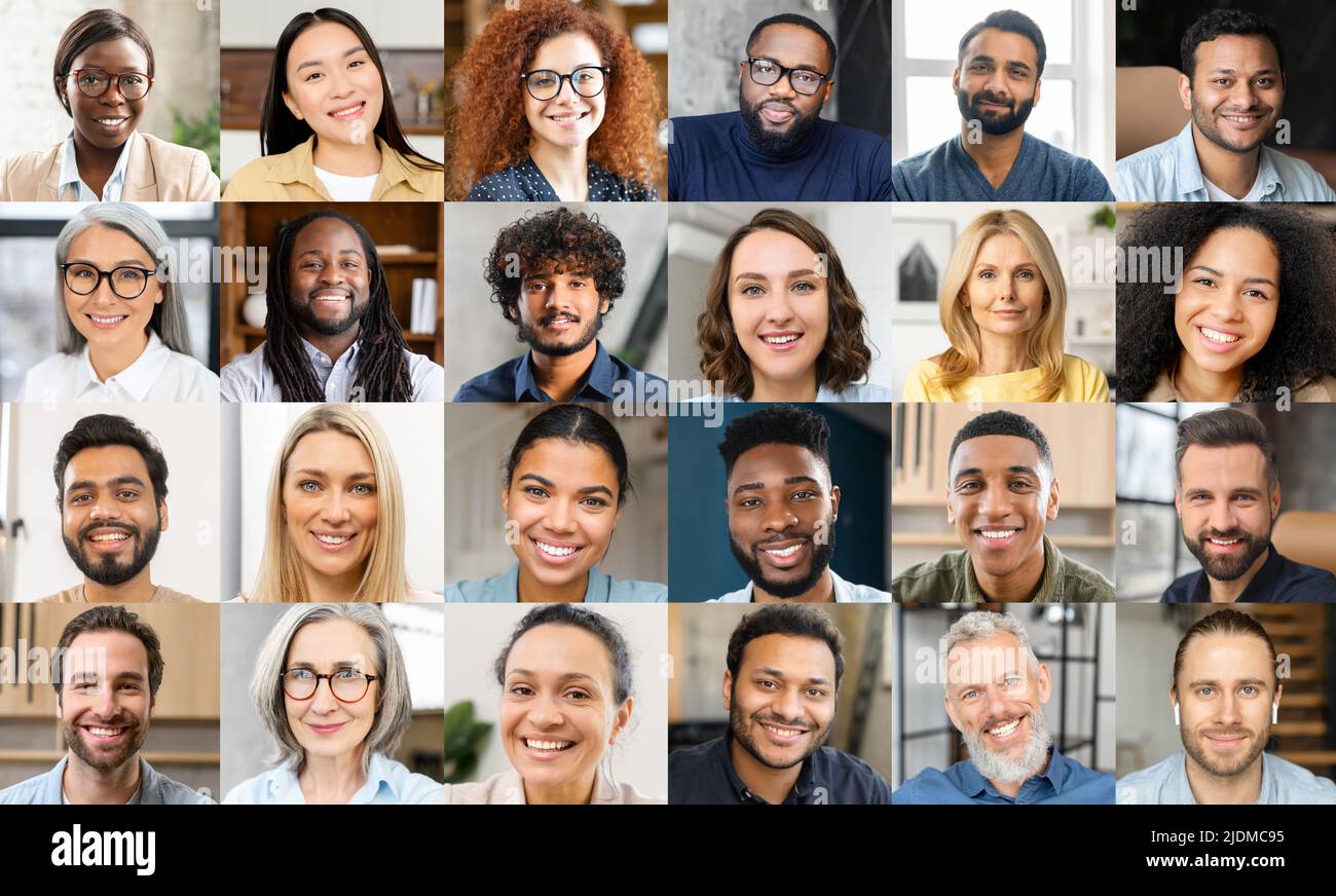 Virtual conference, webinar, online meeting video screen. Group of ...