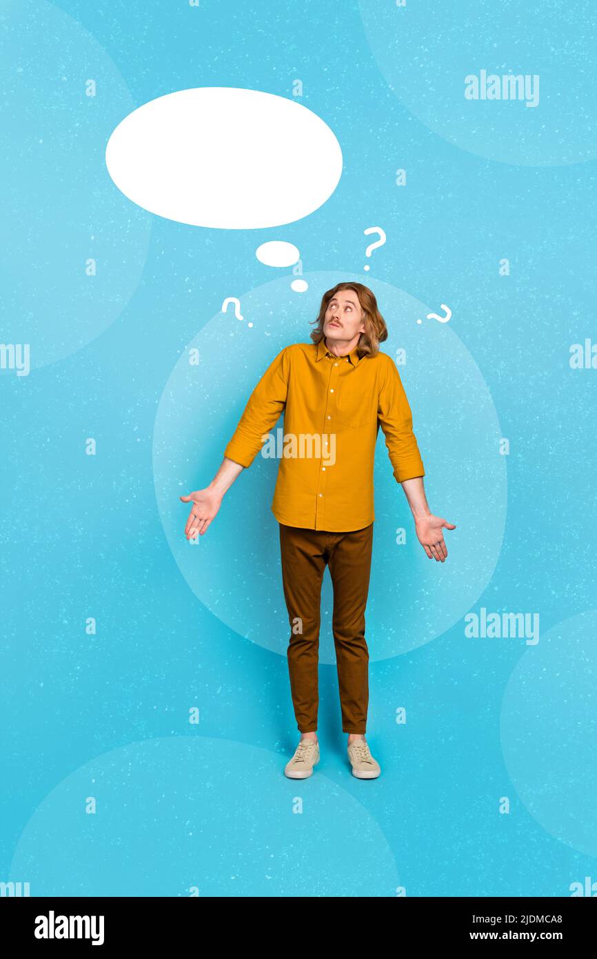 Vertical collage portrait of clueless minded guy shrug shoulders look ...
