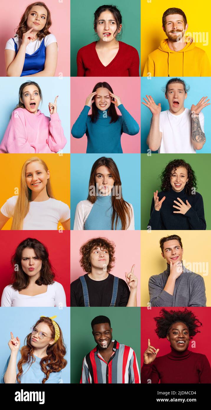 Collage of portraits of expressive male and female models, multiethnic ...