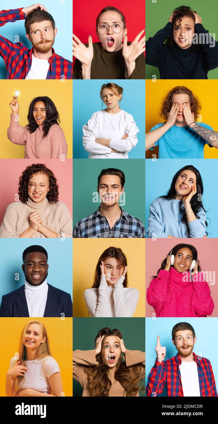 Collage of portraits of expressive male and female models, multiethnic ...