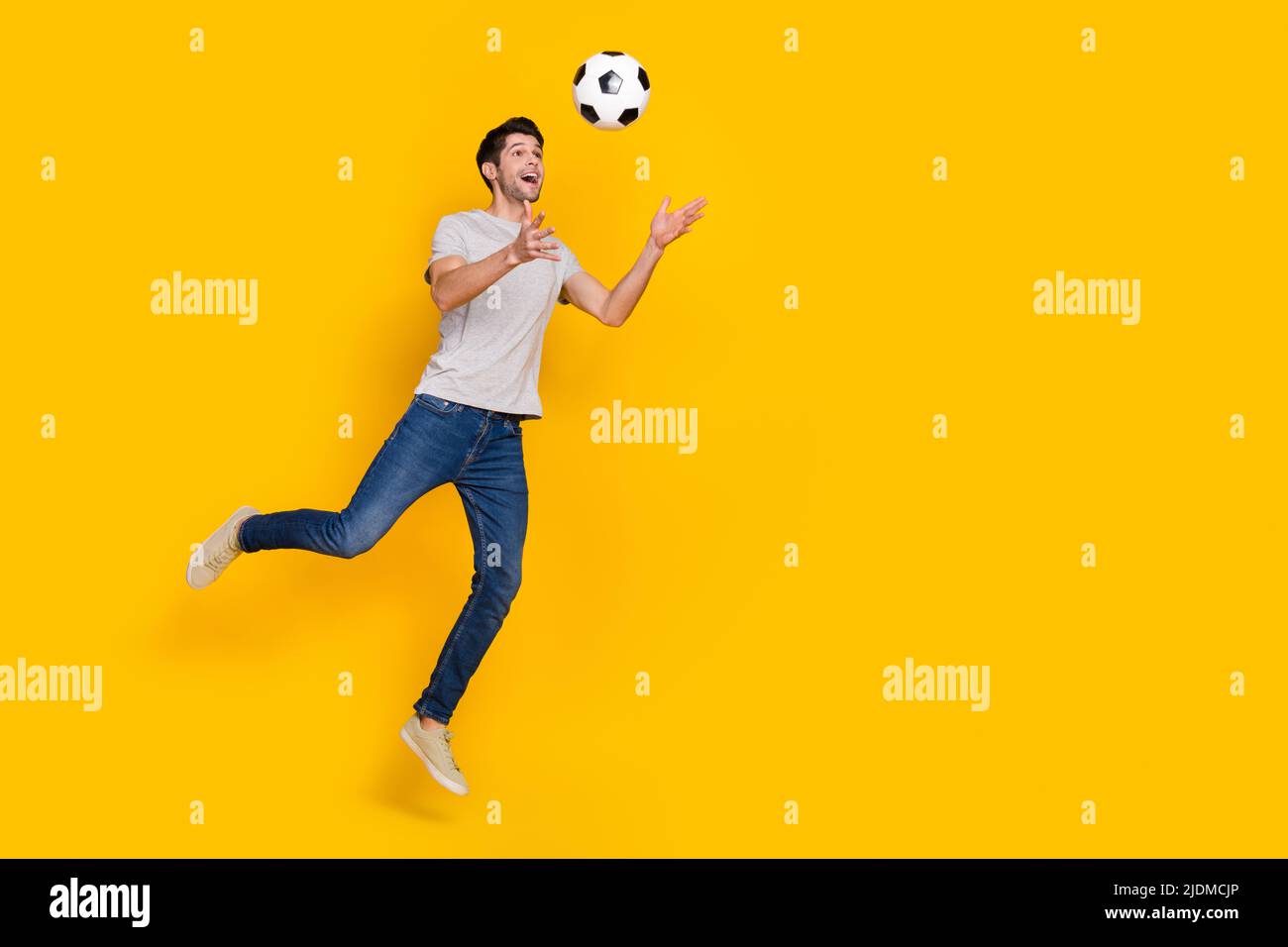 Full length body size view of attractive cheerful guy jumping having ... Full length body size view of attractive cheerful guy jumping having ...