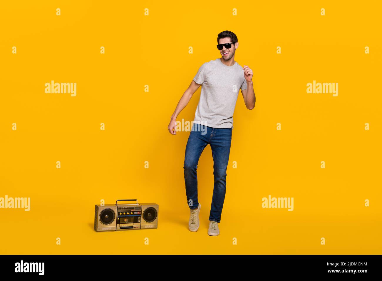 Full length body size view of attractive cheerful guy dancing having ...