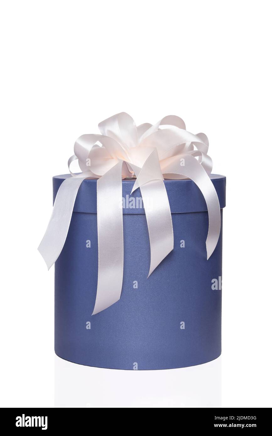Blue round box with a white bow on an isolated white background Stock ...