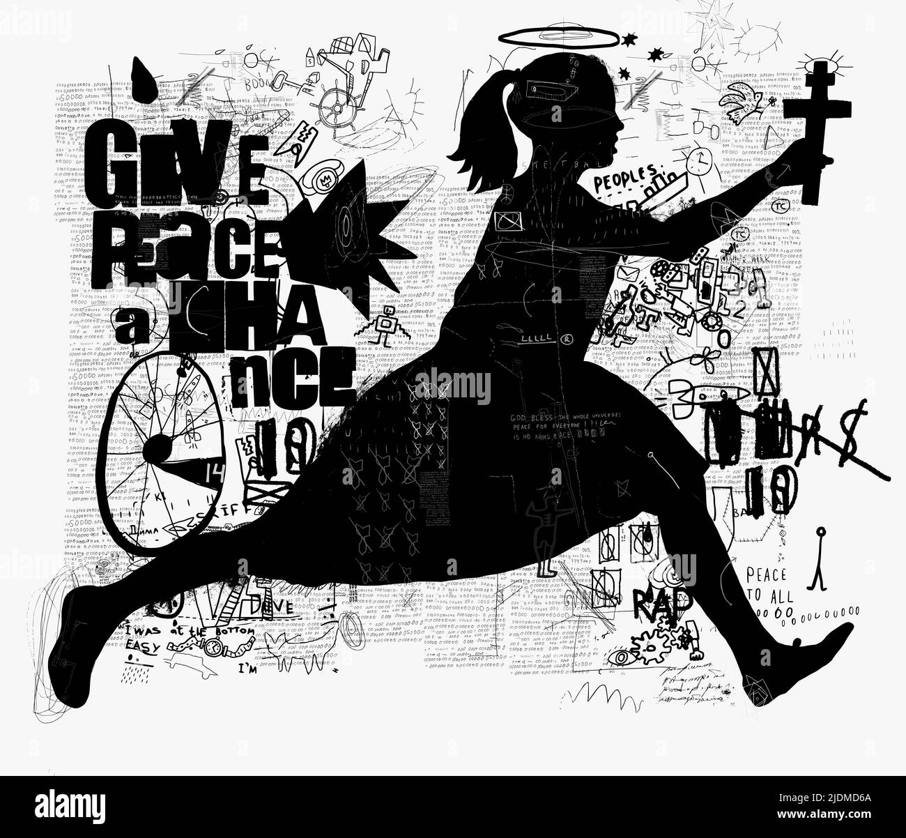 Symbolic image of a woman who runs with a cross to save the world Stock ...