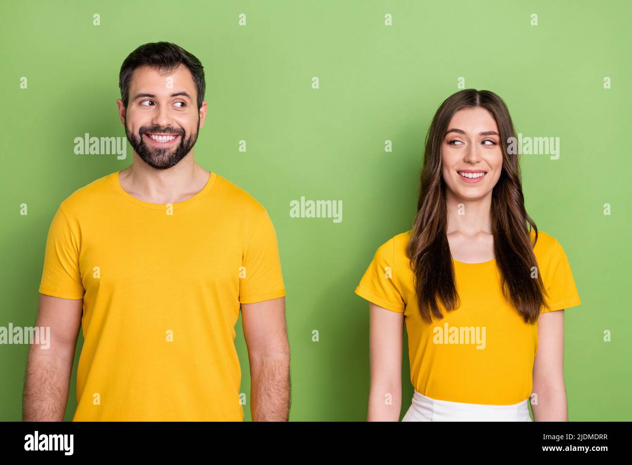 Photo of two cheerful funky people toothy smile look interested each ...