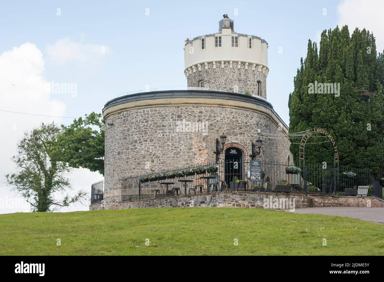 Clifton Observatory, café and roof against cloudy blue sky, Bristol ...