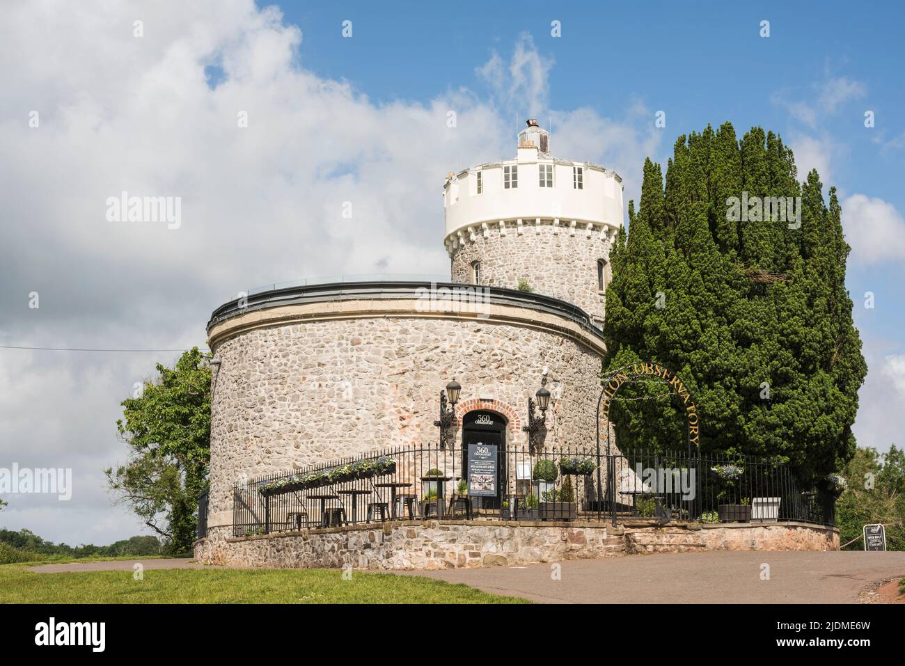 Clifton Observatory, café and roof against cloudy blue sky, Bristol ...
