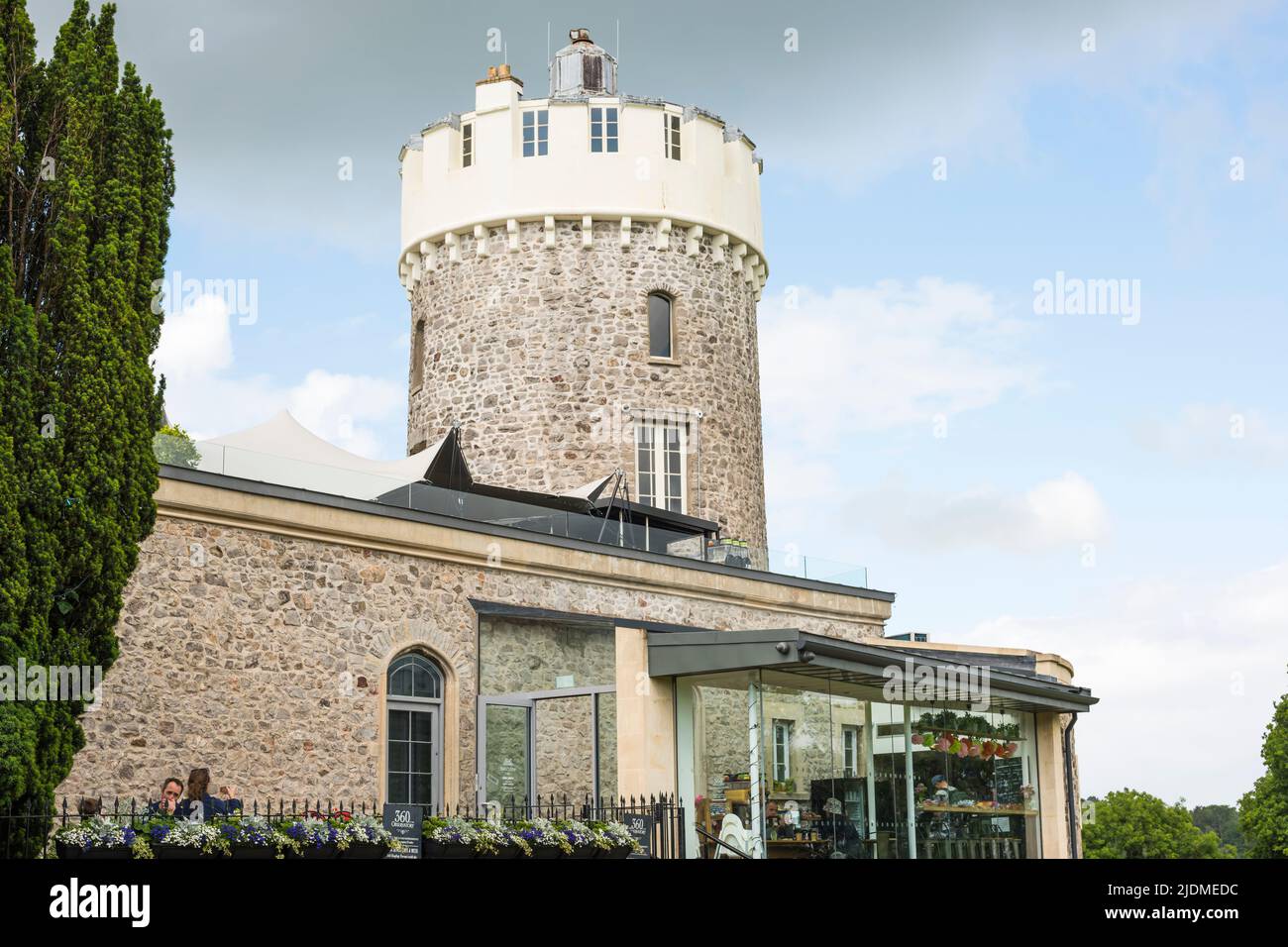 Clifton Observatory, café and roof against cloudy blue sky, Bristol ...