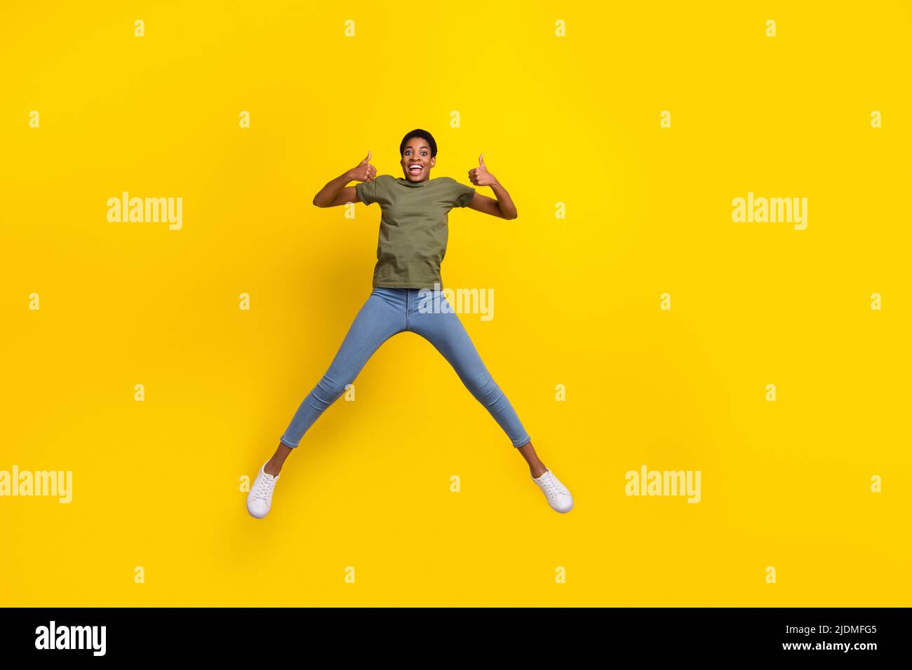 Full body portrait of energetic person show thumb up gender equality ...
