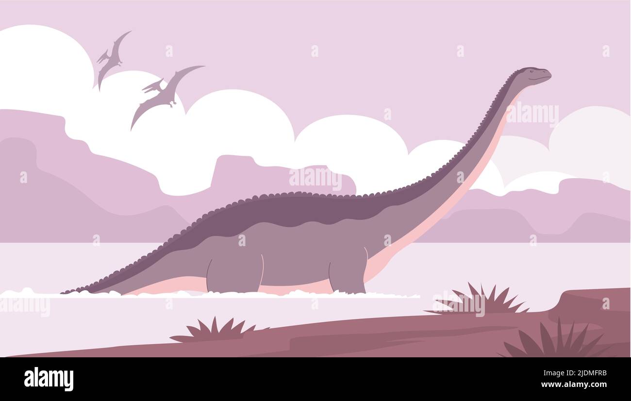 Big brontosaurus with a long neck. Bathes in water. Ancient lizard ...