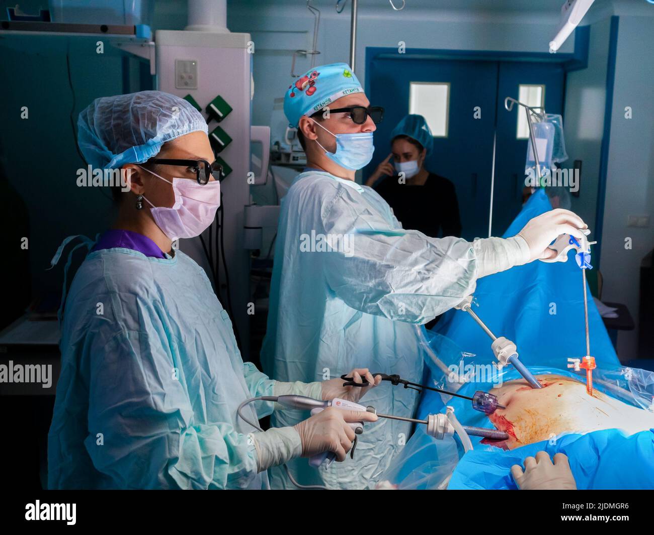 Moscow. Russia. October 18, 2021. Surgeons in 3D glasses look at the ...