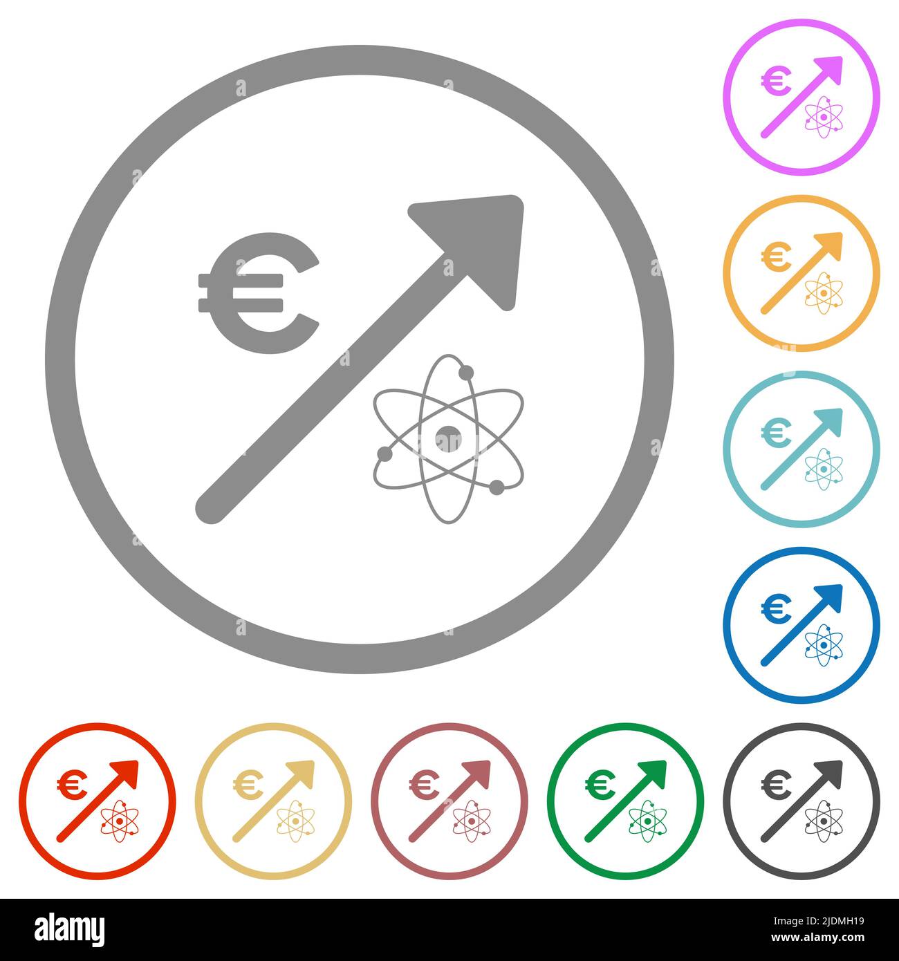 Rising atomic energy european Euro prices flat color icons in round ...