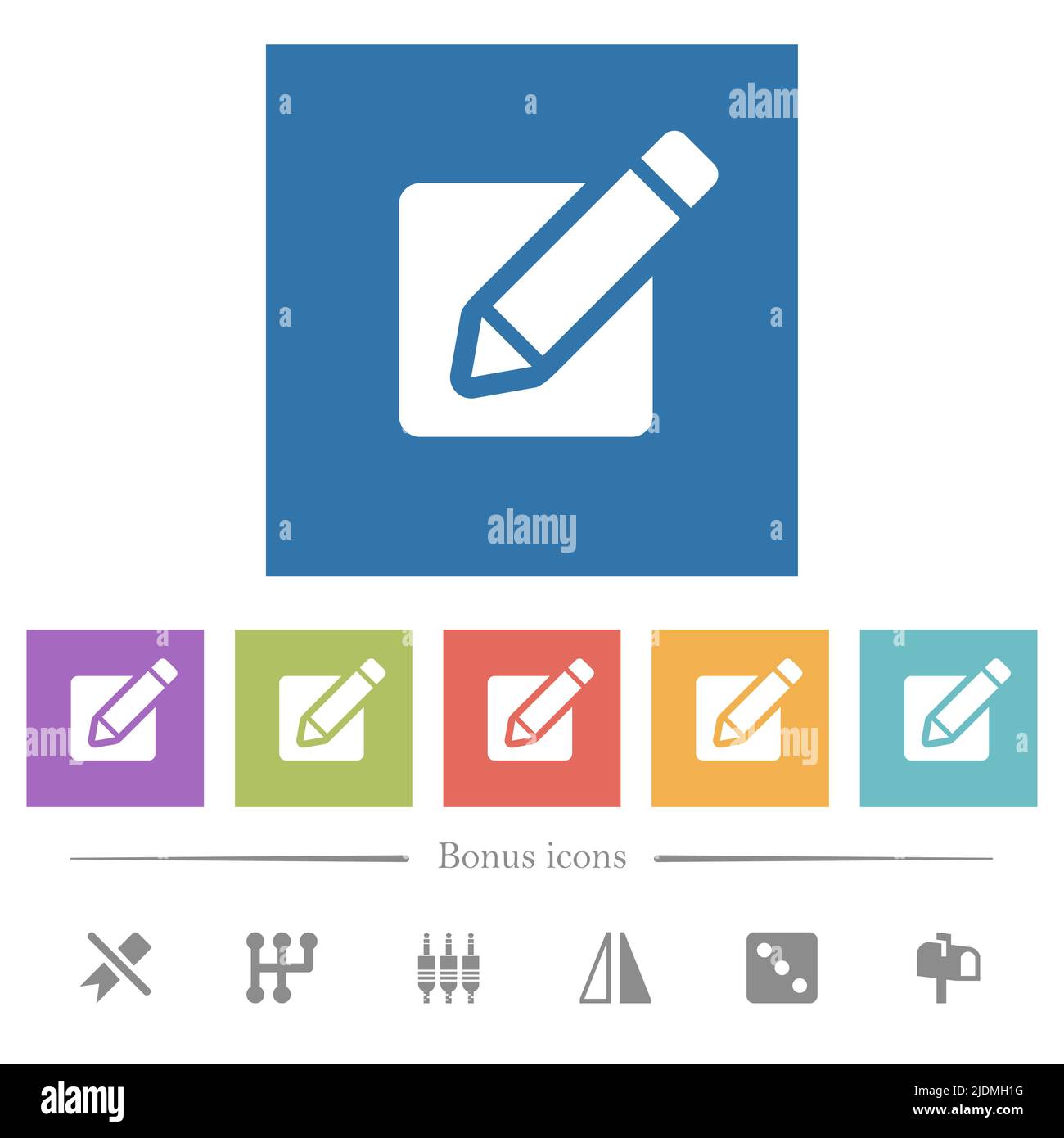 Editing box with pencil solid flat white icons in square backgrounds. 6 ...