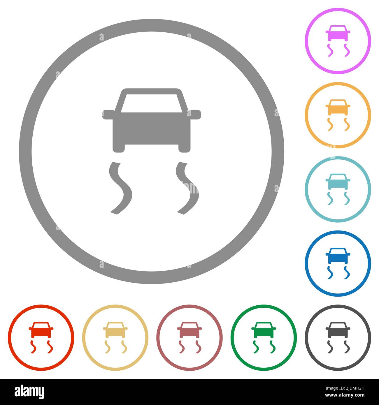 Slippery road dashboard indicator flat color icons in round outlines on white background Stock ...