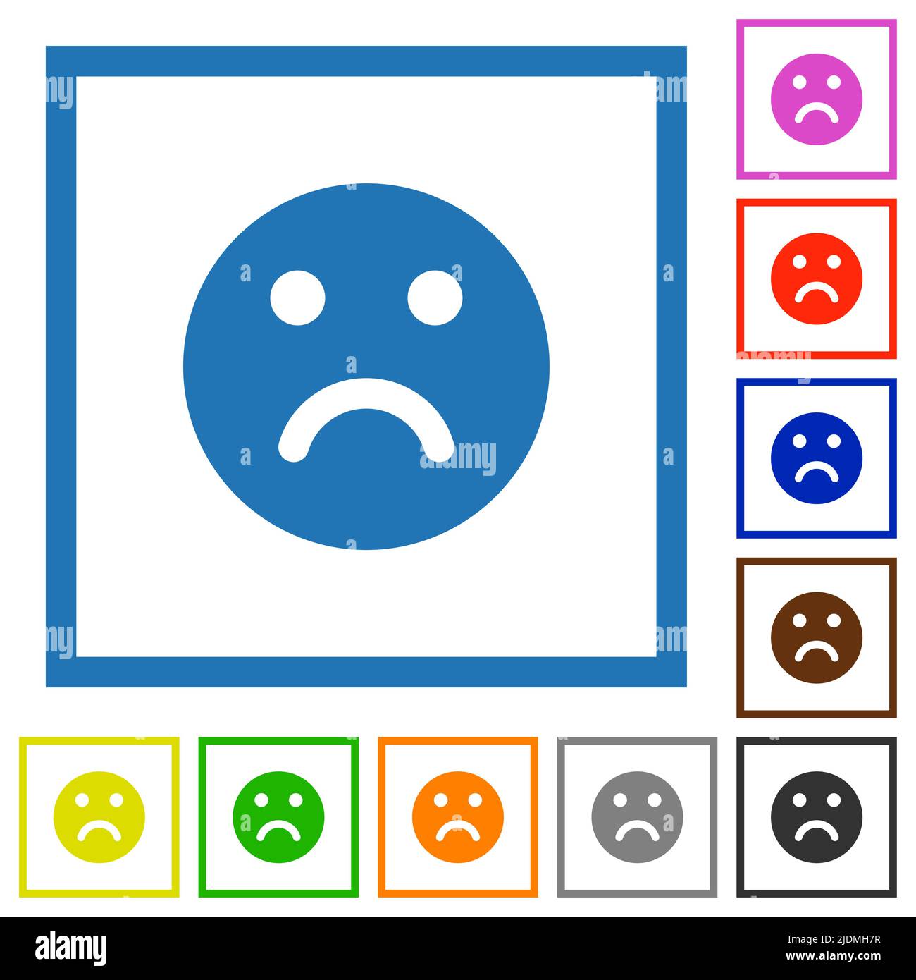 Sad emoticon solid flat color icons in square frames on white ...