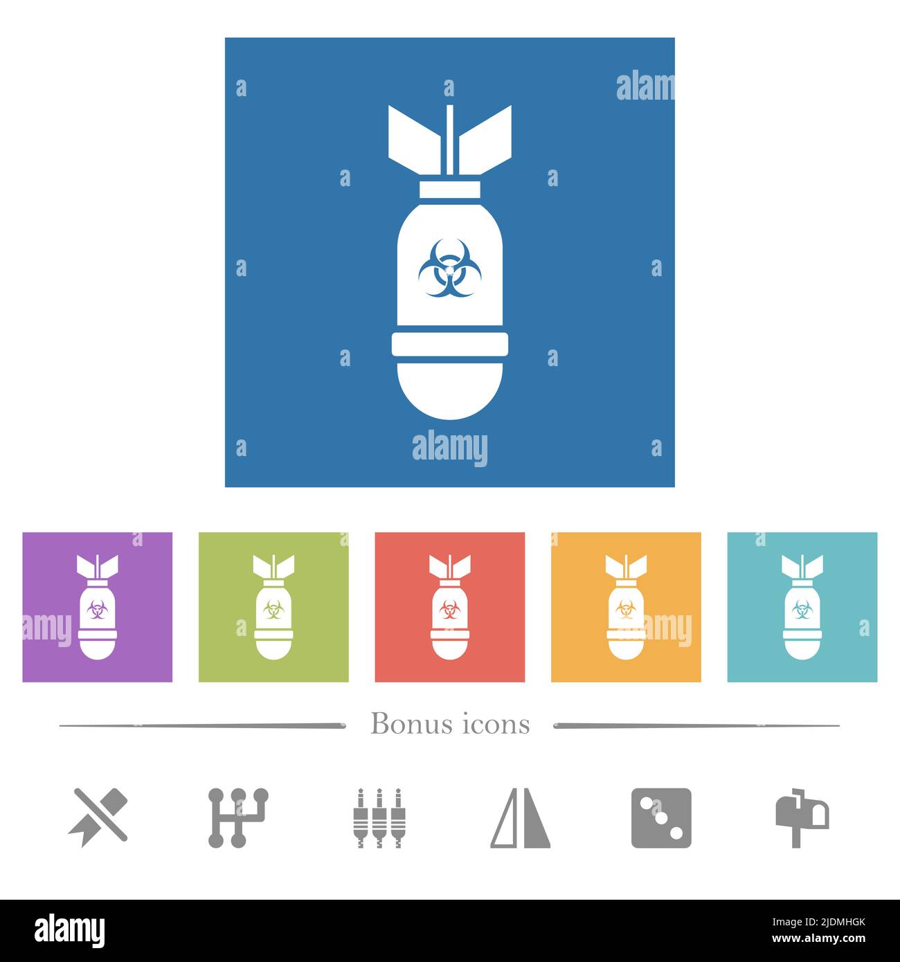 Biohazard bomb flat white icons in square backgrounds. 6 bonus icons ...