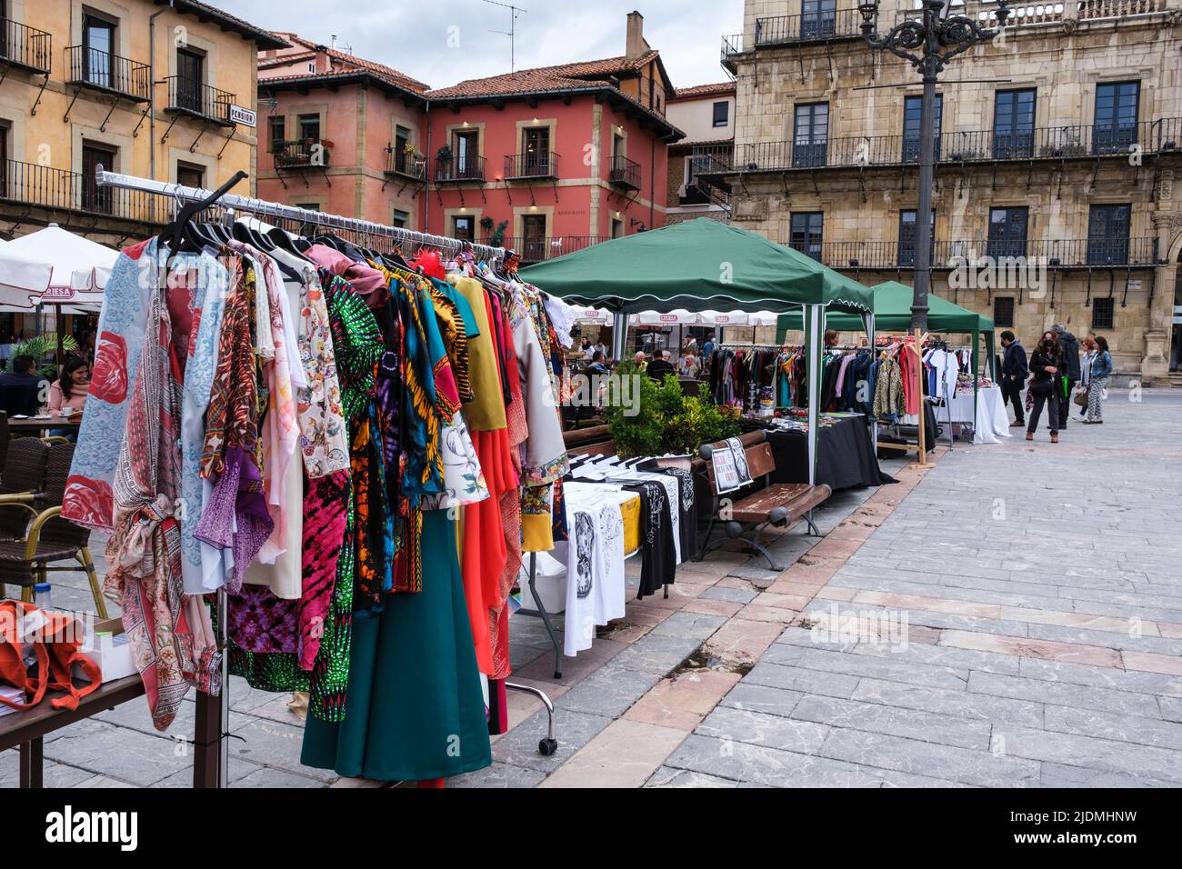 Spain, Leon. Clothing for Sale in the Plaza Mayor Stock Photo - Alamy