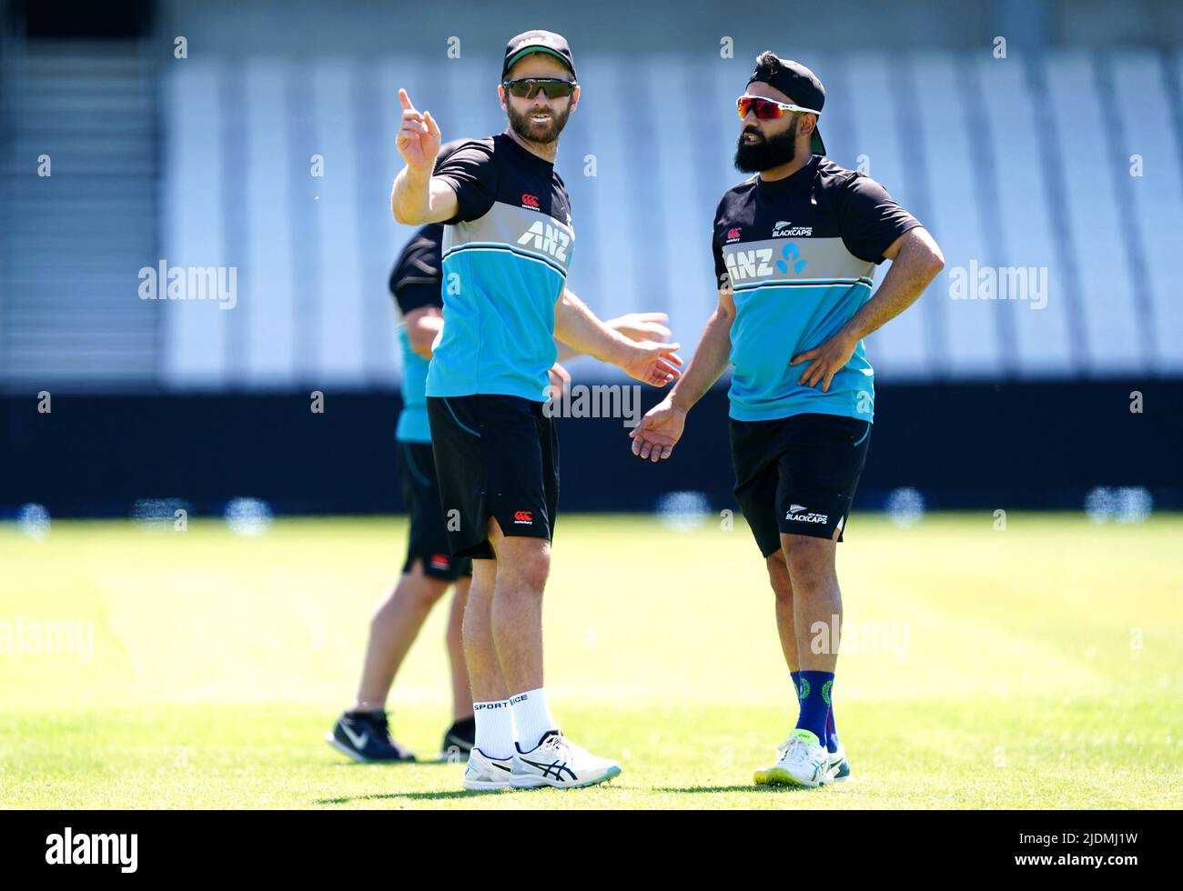 New Zealand's Kane Williamson (left) and Ajaz Patel during a nets ...