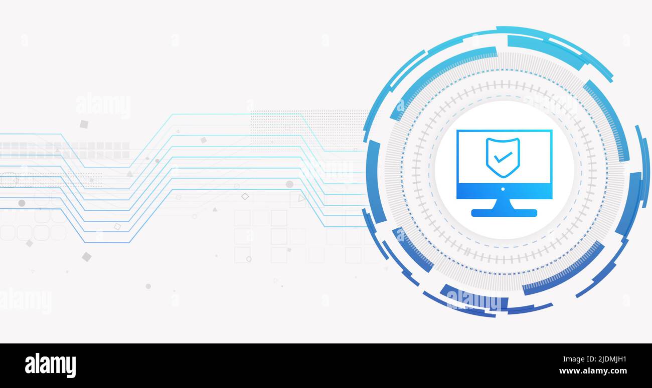 Image of network of connections and computer with shield on white ...