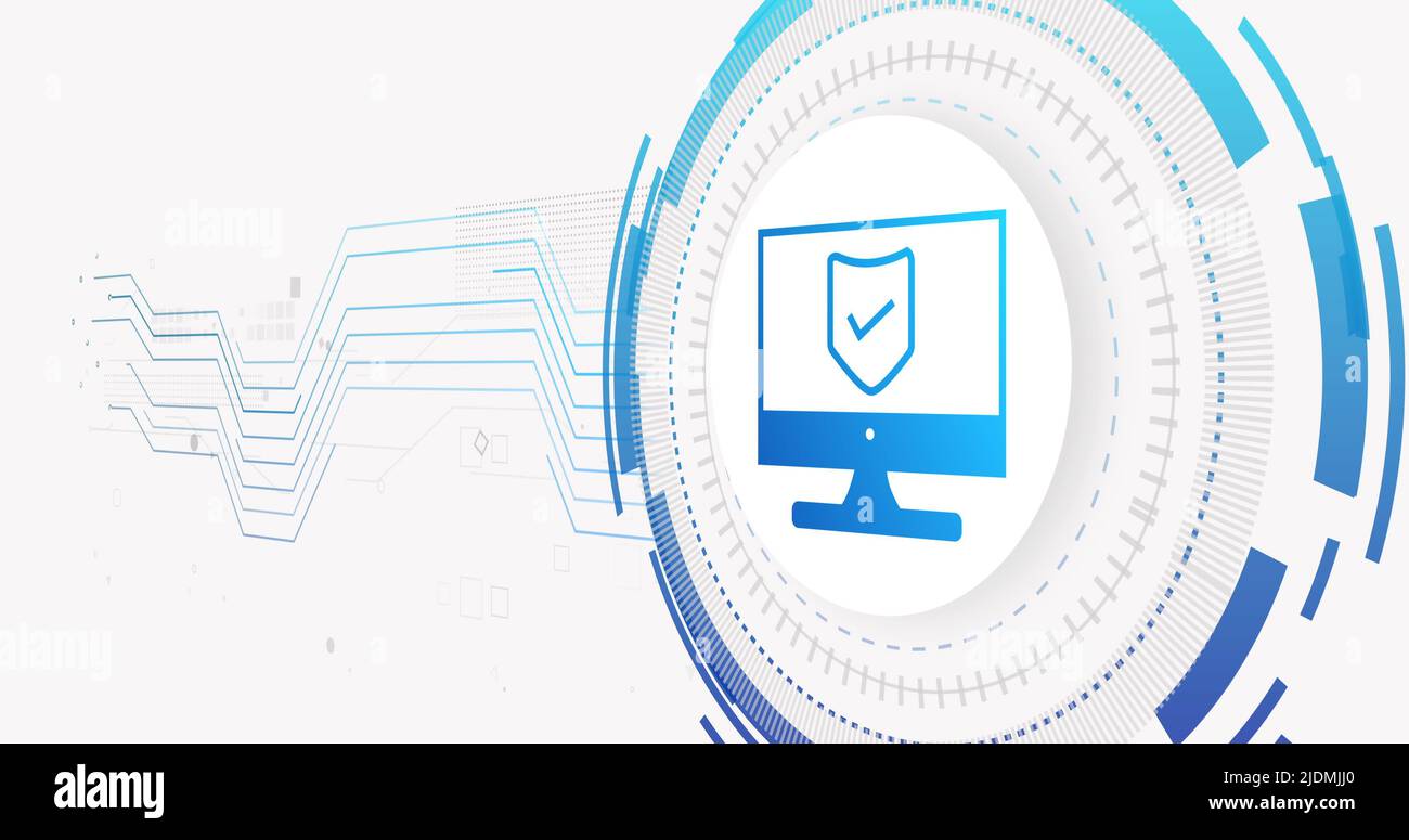 Image of network of connections and computer with shield on white ...
