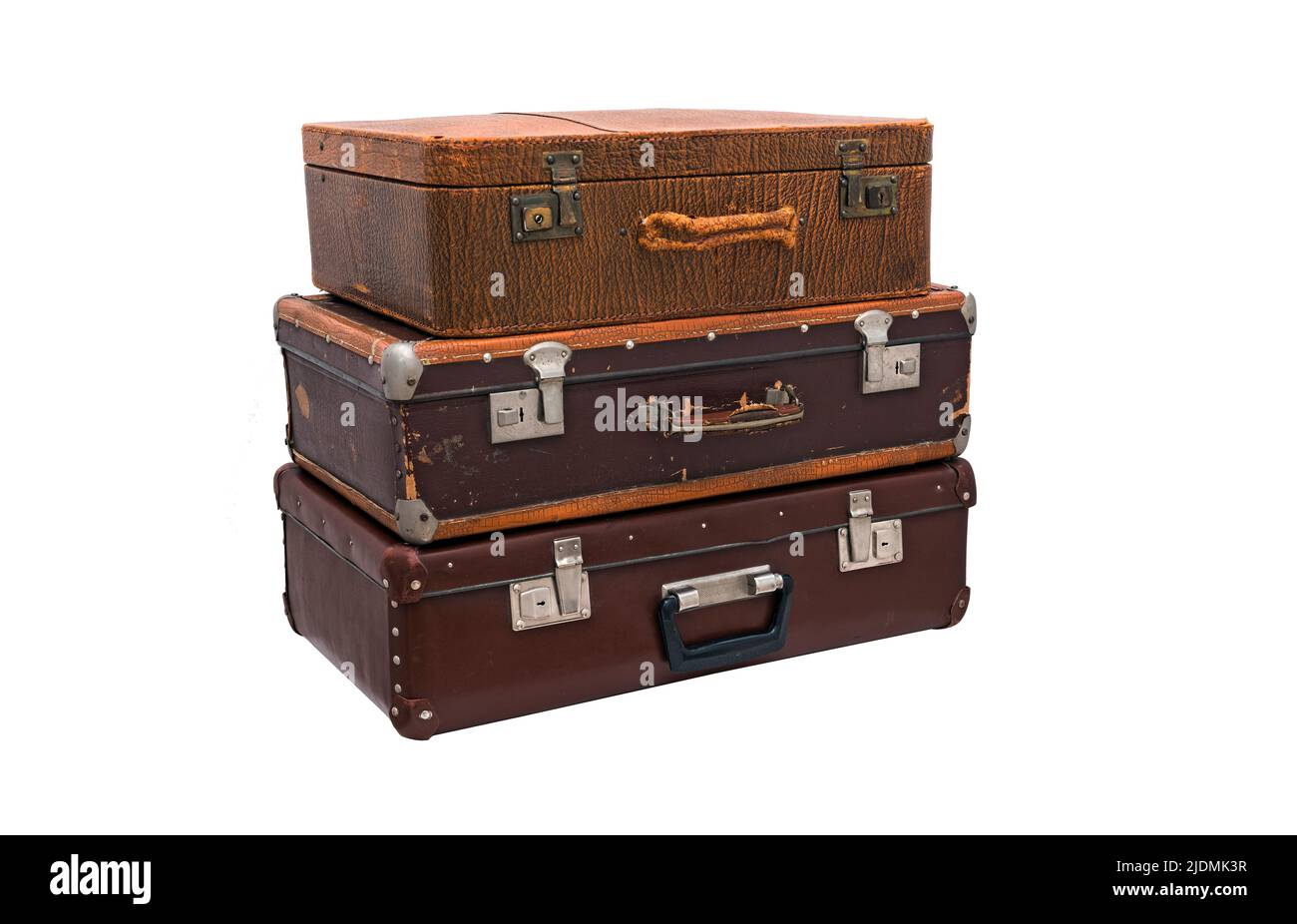 Stack of old leather vintage suitcases isolated on white Stock Photo ...