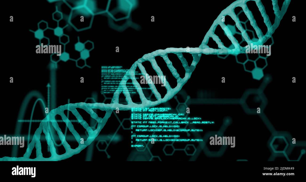 Image of dna strand and data processing on black background Stock Photo ...