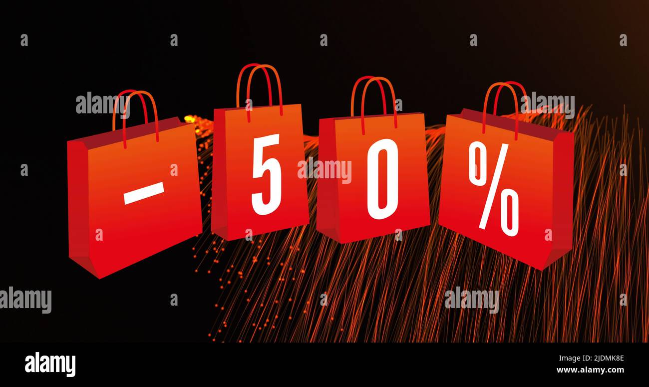 Image of colorful stripes and 50 percent sale text on shopping bags ...