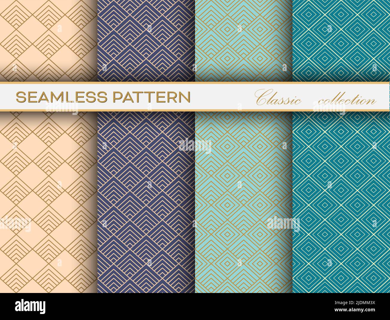 set of seamless classic patterns of gold weaving of different color ...