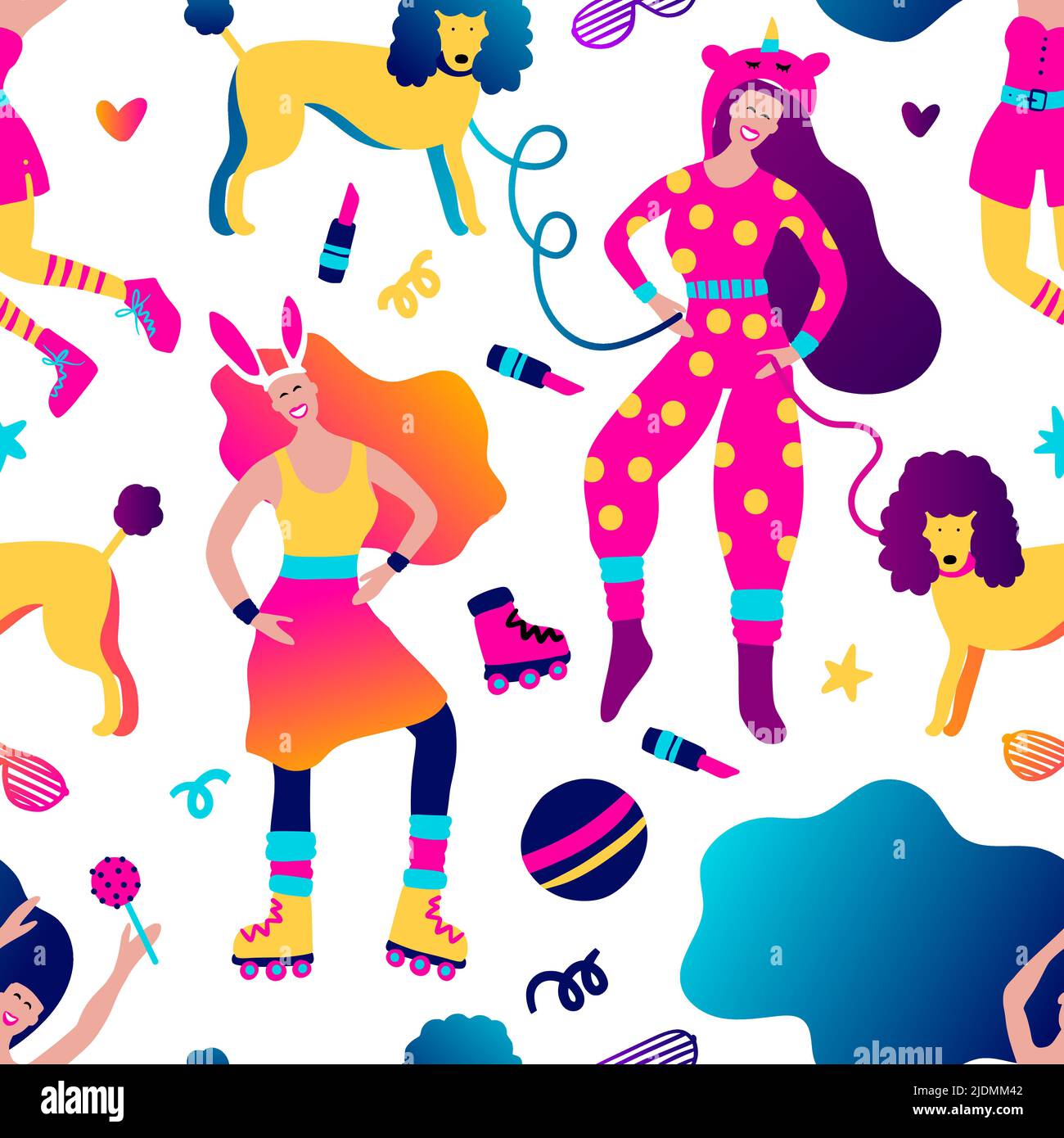 Kidult prank pajama party 80s human vector seamless pattern. Cartoon ...
