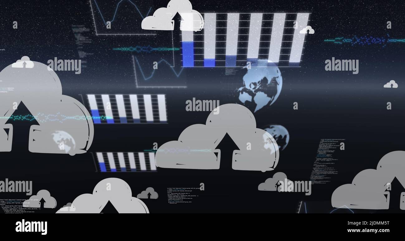Image of clouds and data processing with globes Stock Photo - Alamy