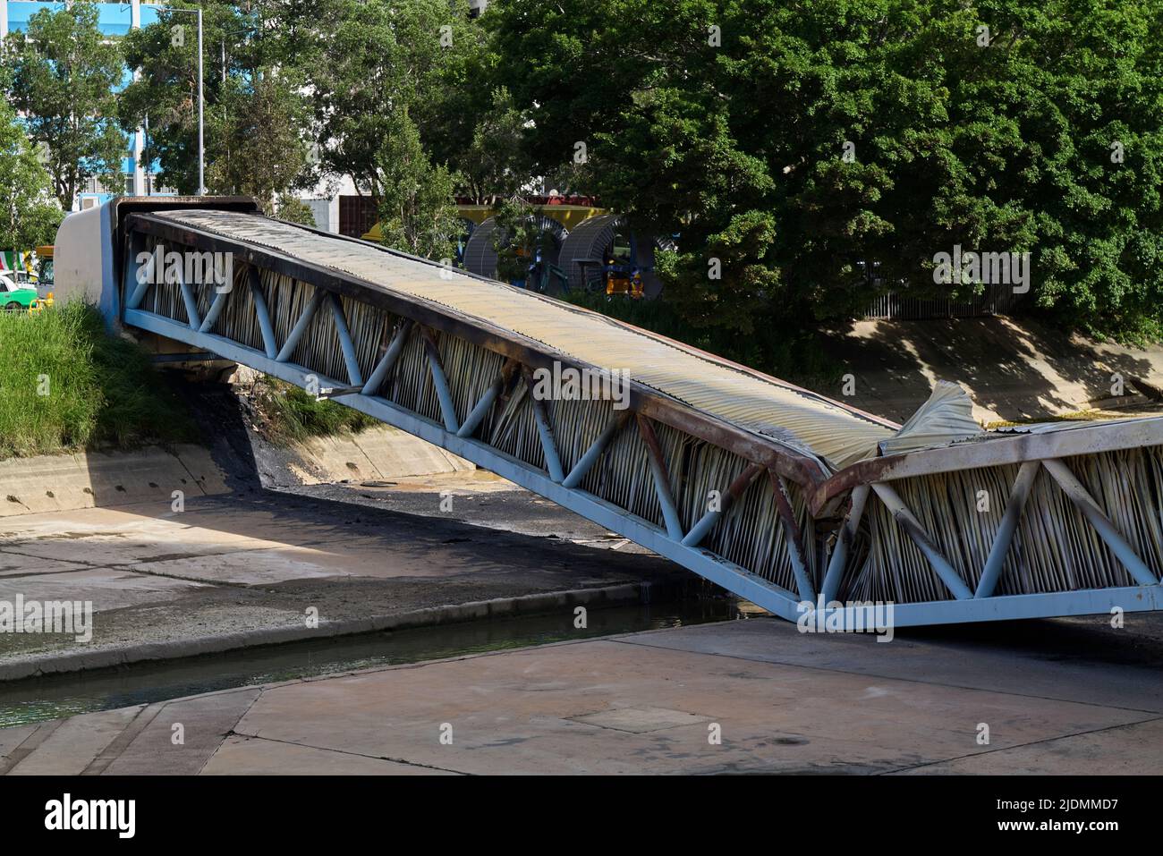 Close-up view of a broken bridge in Hong Kong due to a fire on high ...