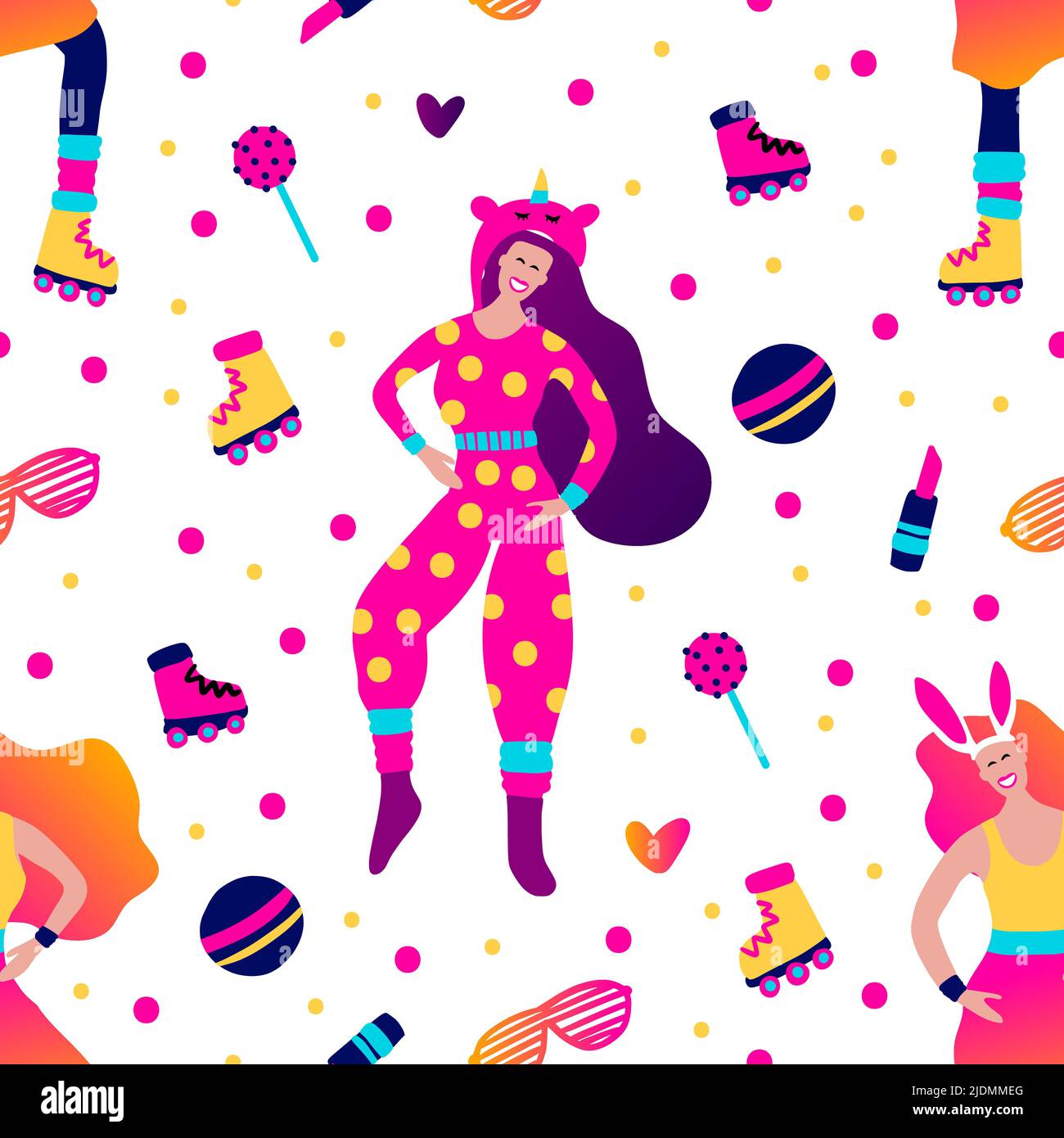 Kidult prank pajama party 80s human vector seamless pattern. Cartoon ...