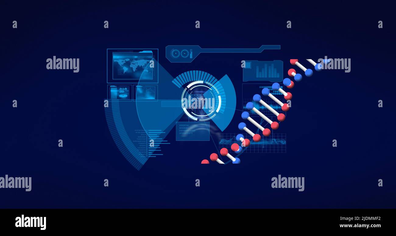 Image of digital interface with data processing and spinning dna strand ...
