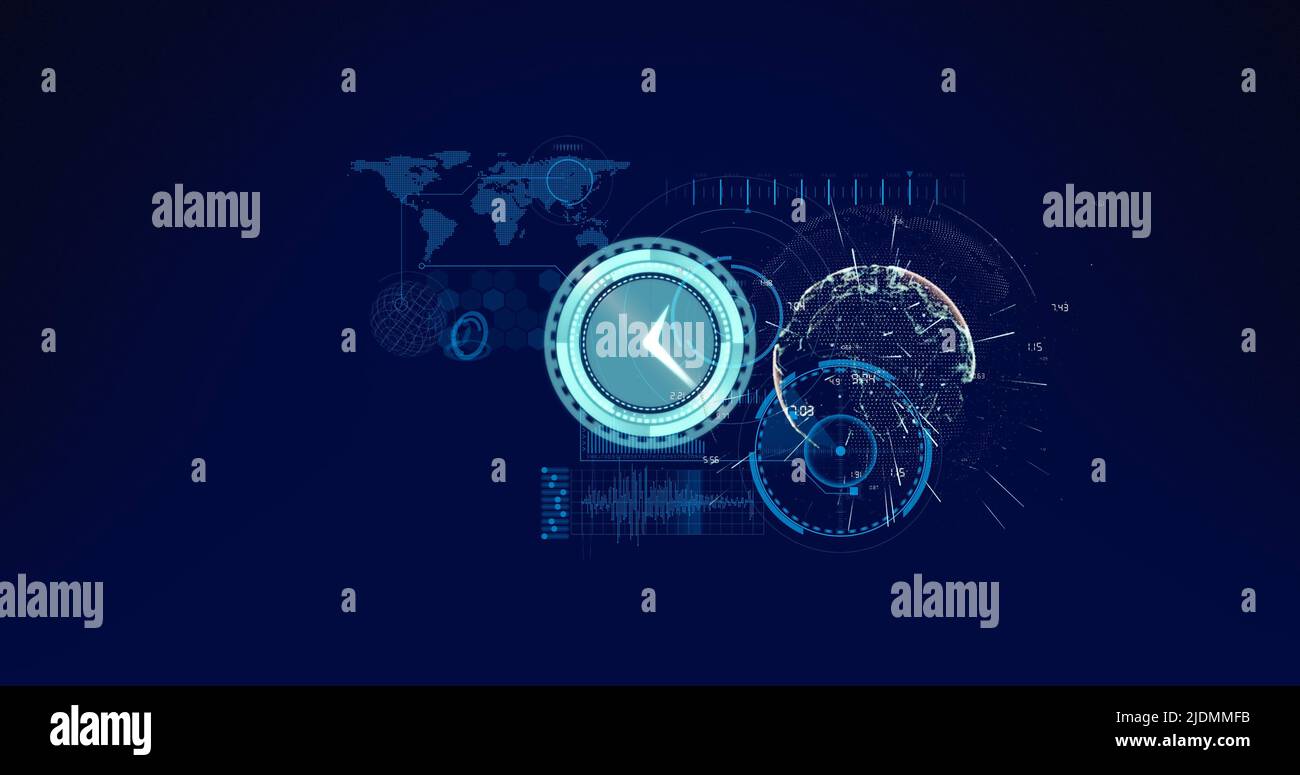 Image of digital interface with clock over dark background Stock Photo ...