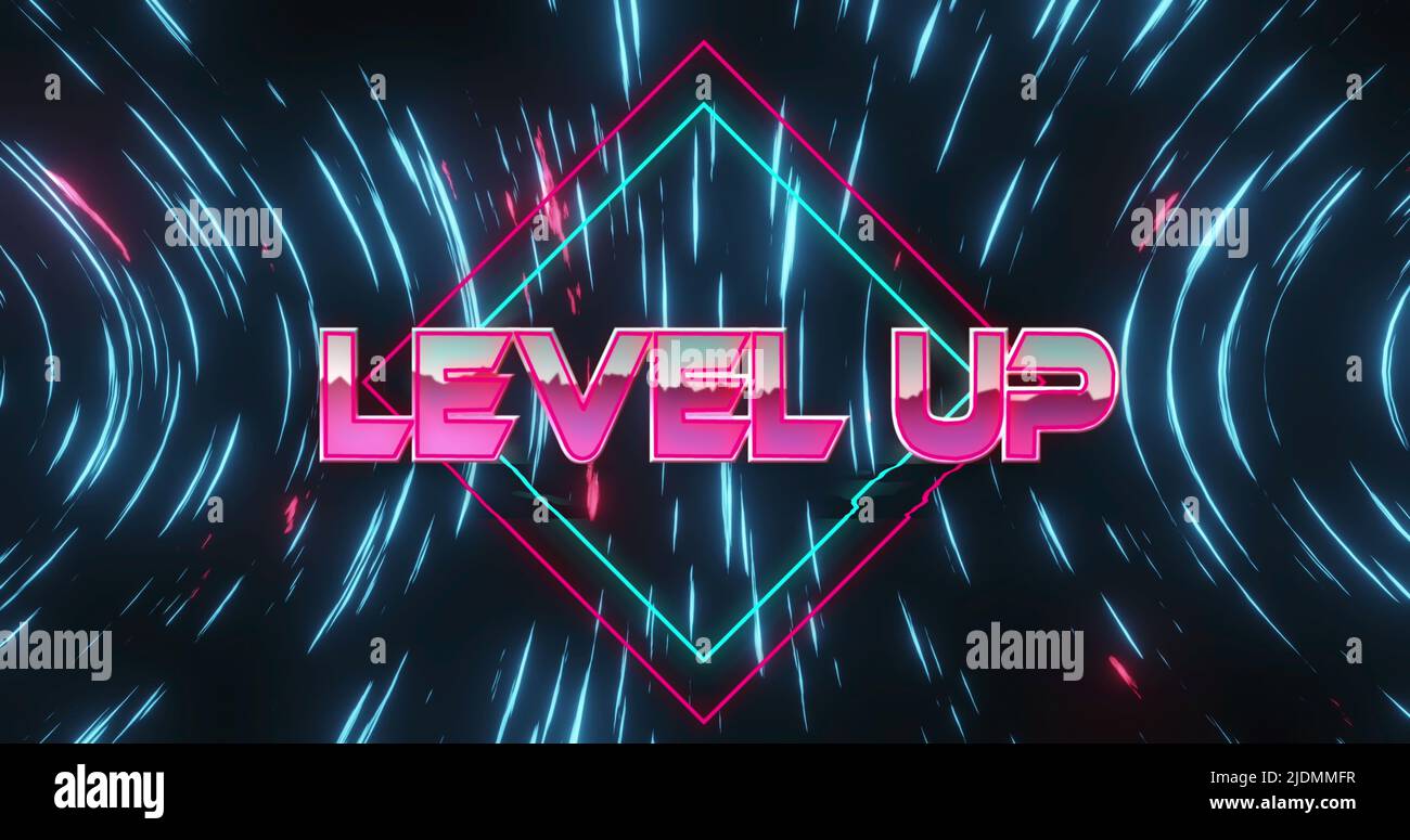 Image of level up only text over moving blue and pink light trails ...