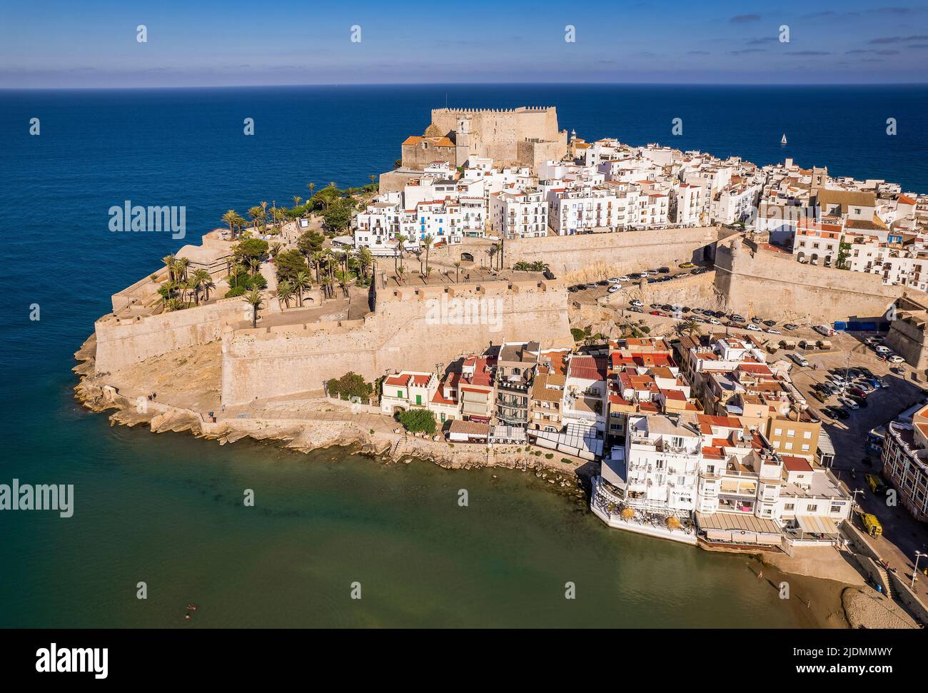 Aerial view of the old town, Peniscola, Valencian Community, Spain ...