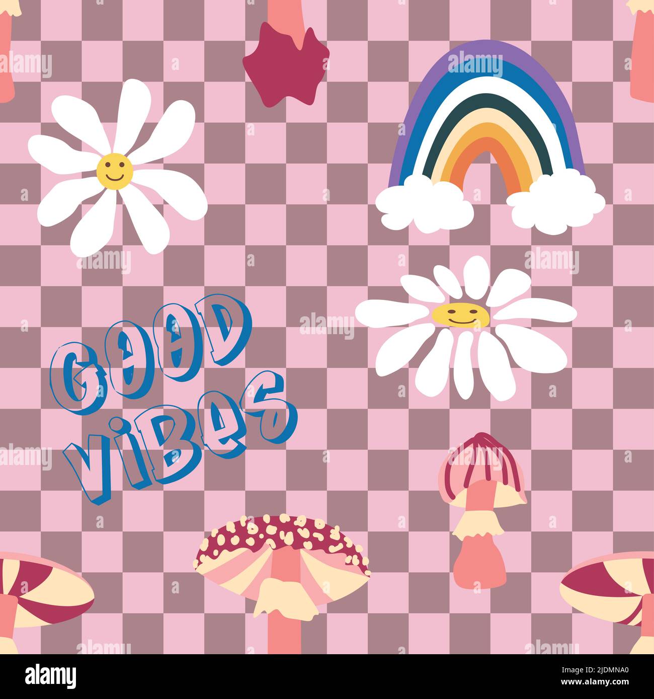 Magic psychedelic drug mushrooms, Chamomile, rainbow seamless pattern ...
