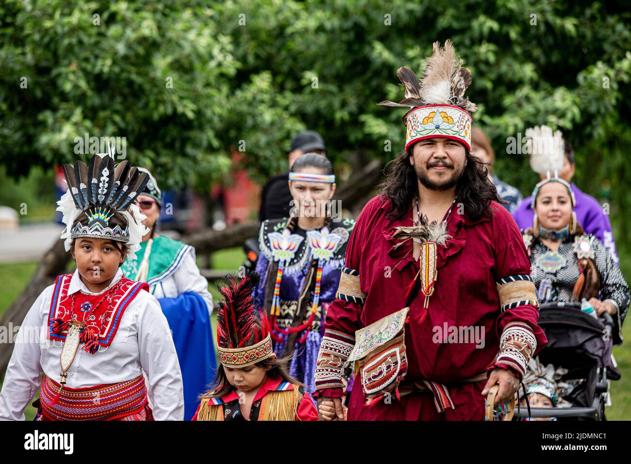 The group of Indigenous People arrives for the celebration of summer ...