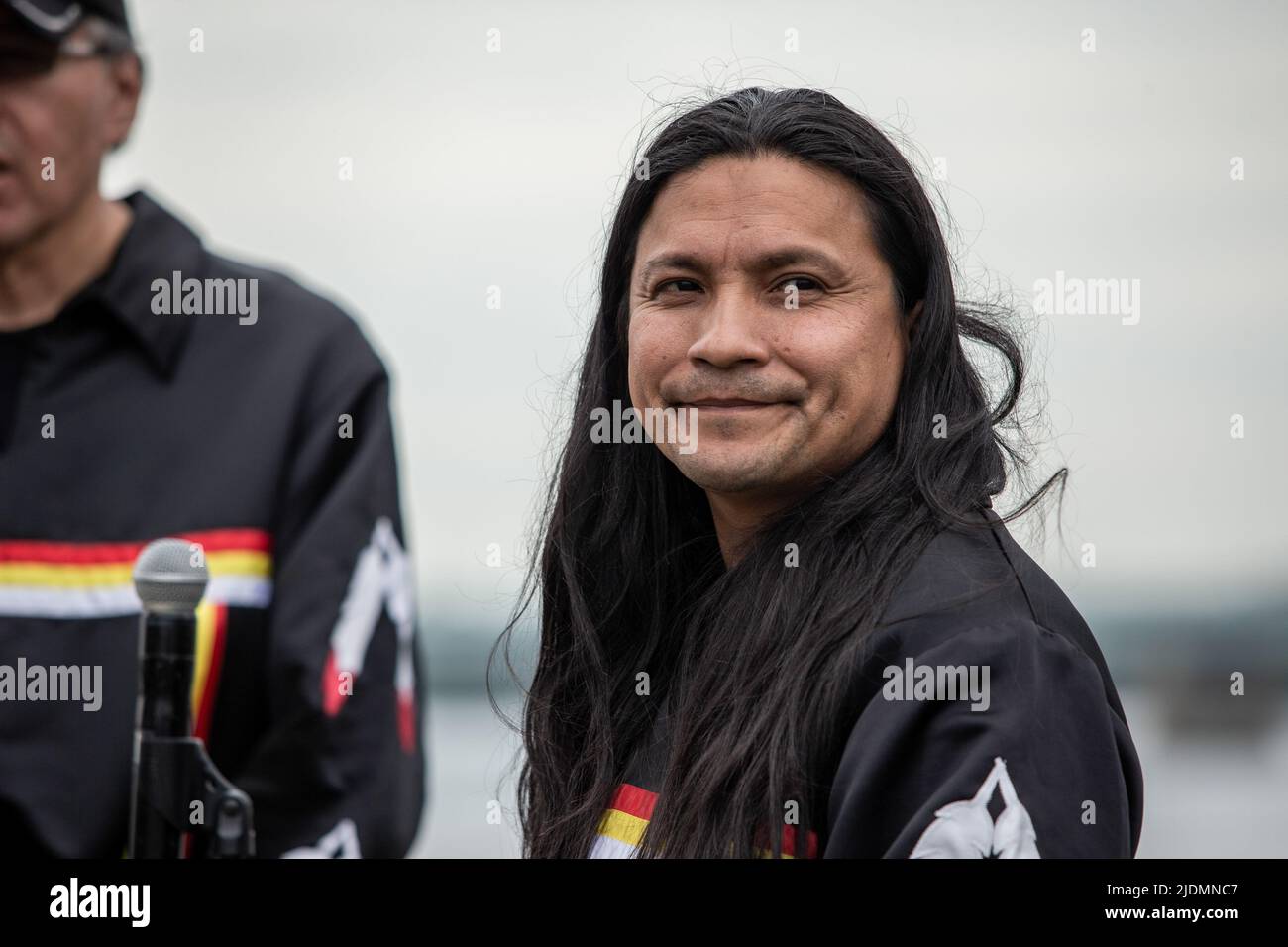Member of the Bufallo Hat Singers' band seen during the celebrations of ...