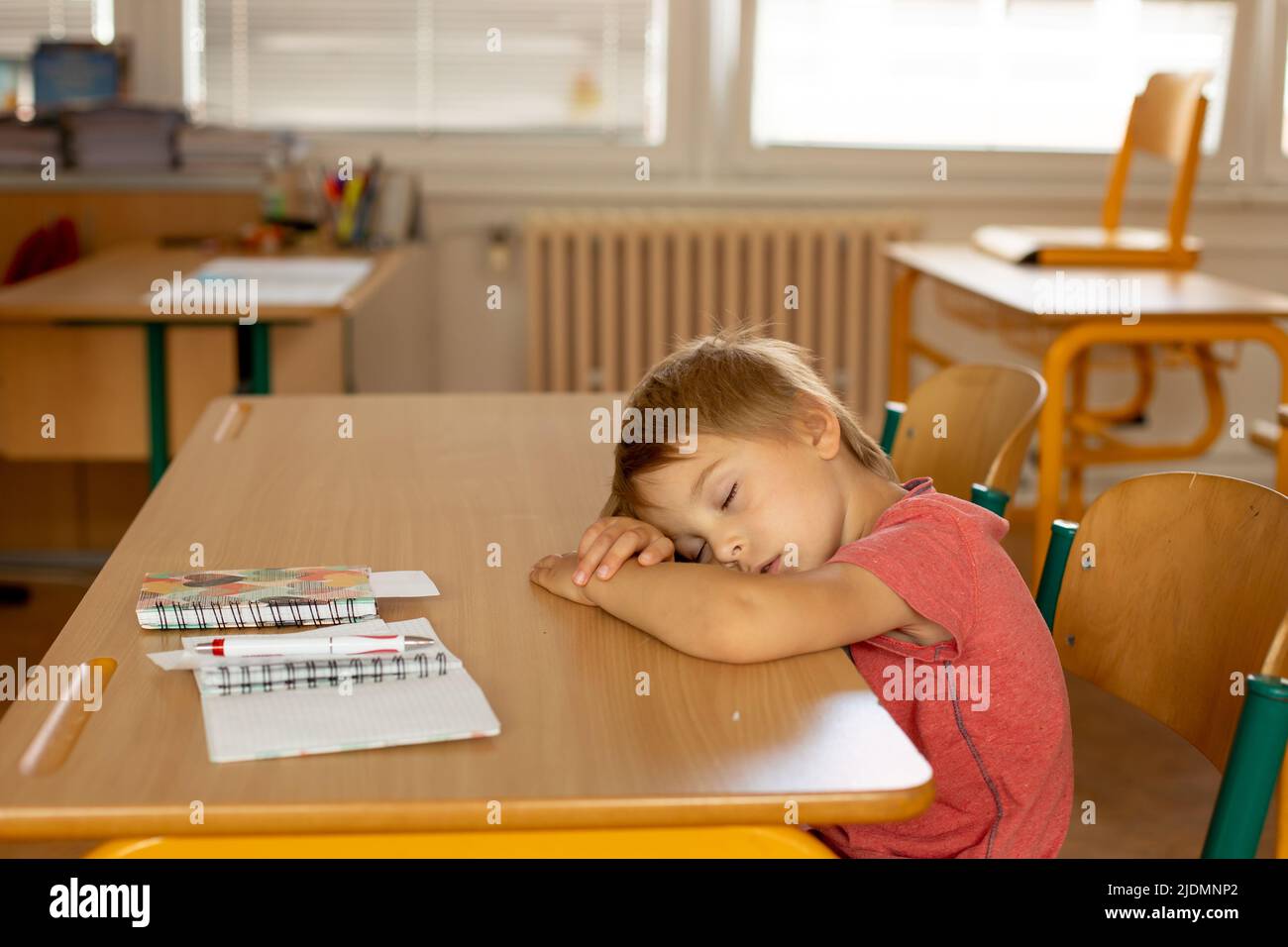 Tired preschool child, sitting on a desk at school, having lesson ...