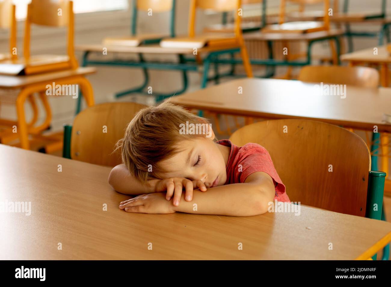 Tired preschool child, sitting on a desk at school, having lesson ...