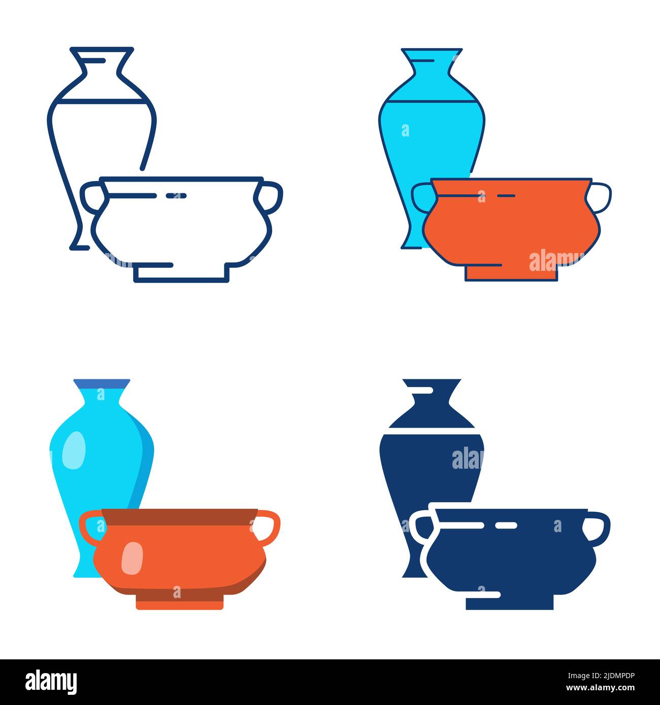 Chinese porcelain vase icon set in line and flat style. Vector ...